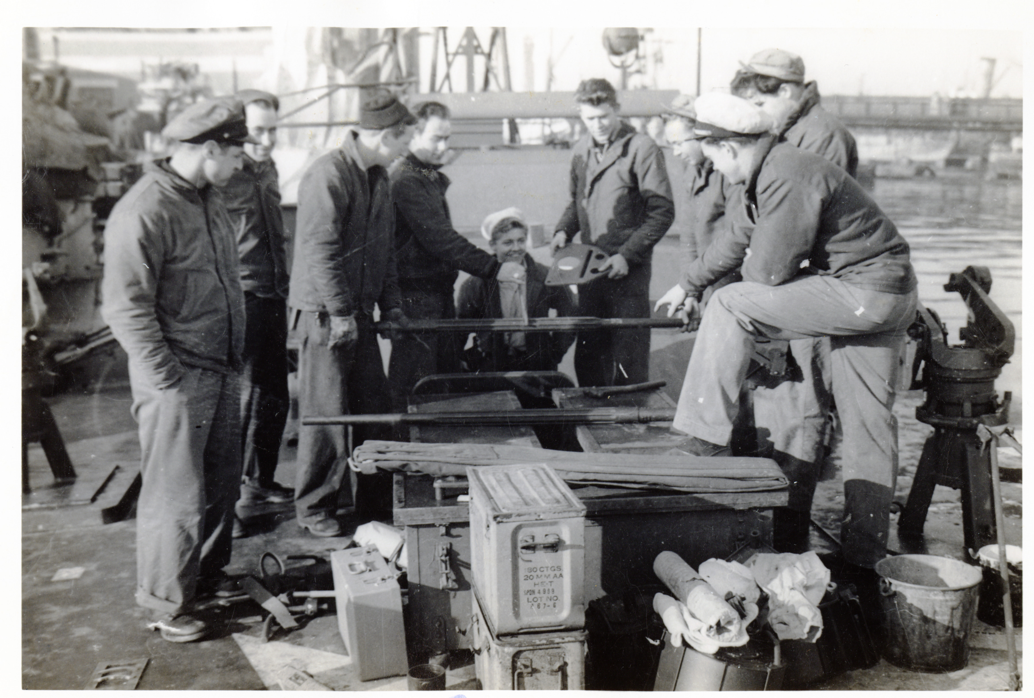 U S PT Boat Crew On Pier With Equipment In England Or France Circa U S PT Boat Crew On Pier With Equipment In England Or France Circa